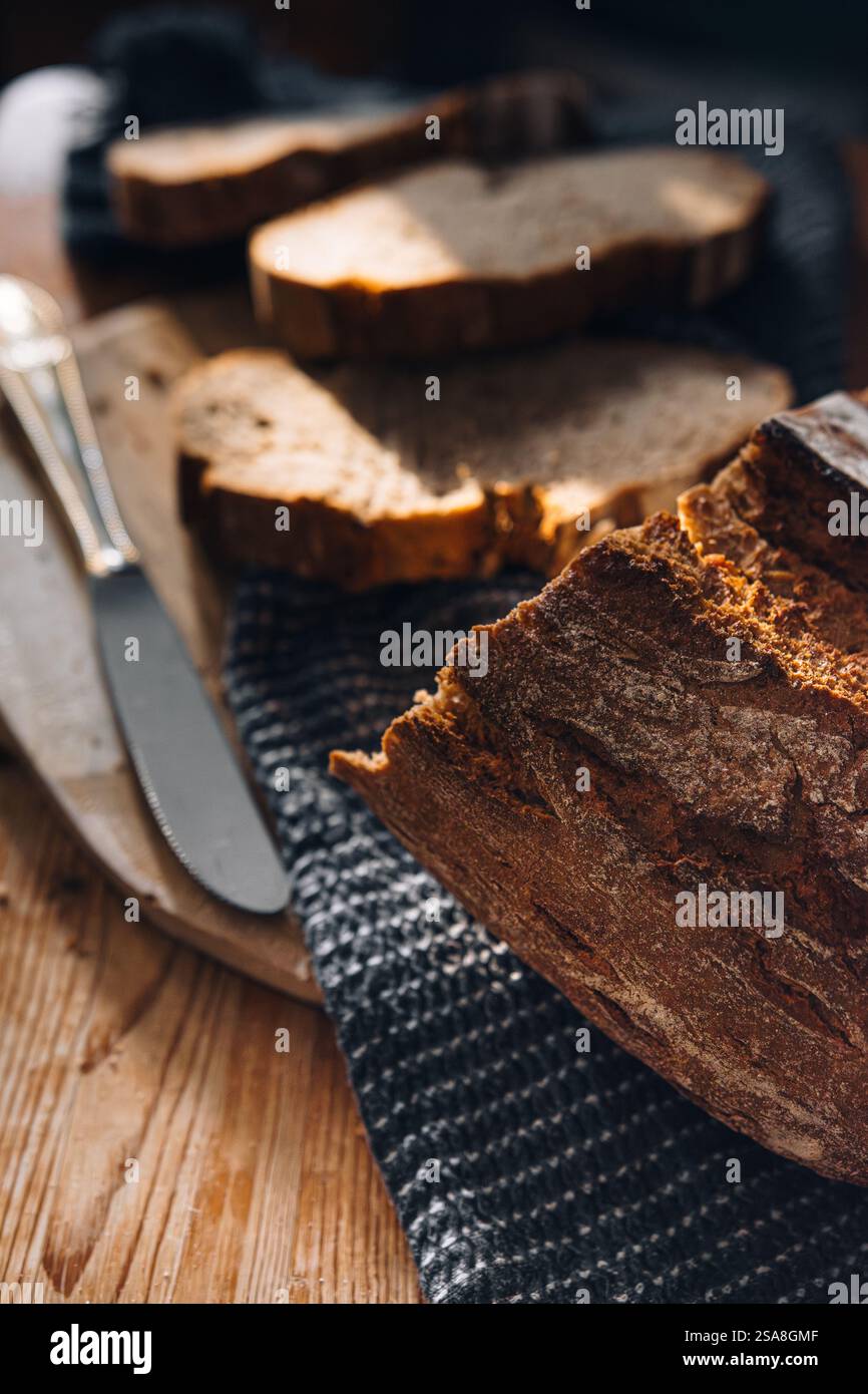 Bakery - crusty loaves of bread. Still life. Delicious, fresh whole ...