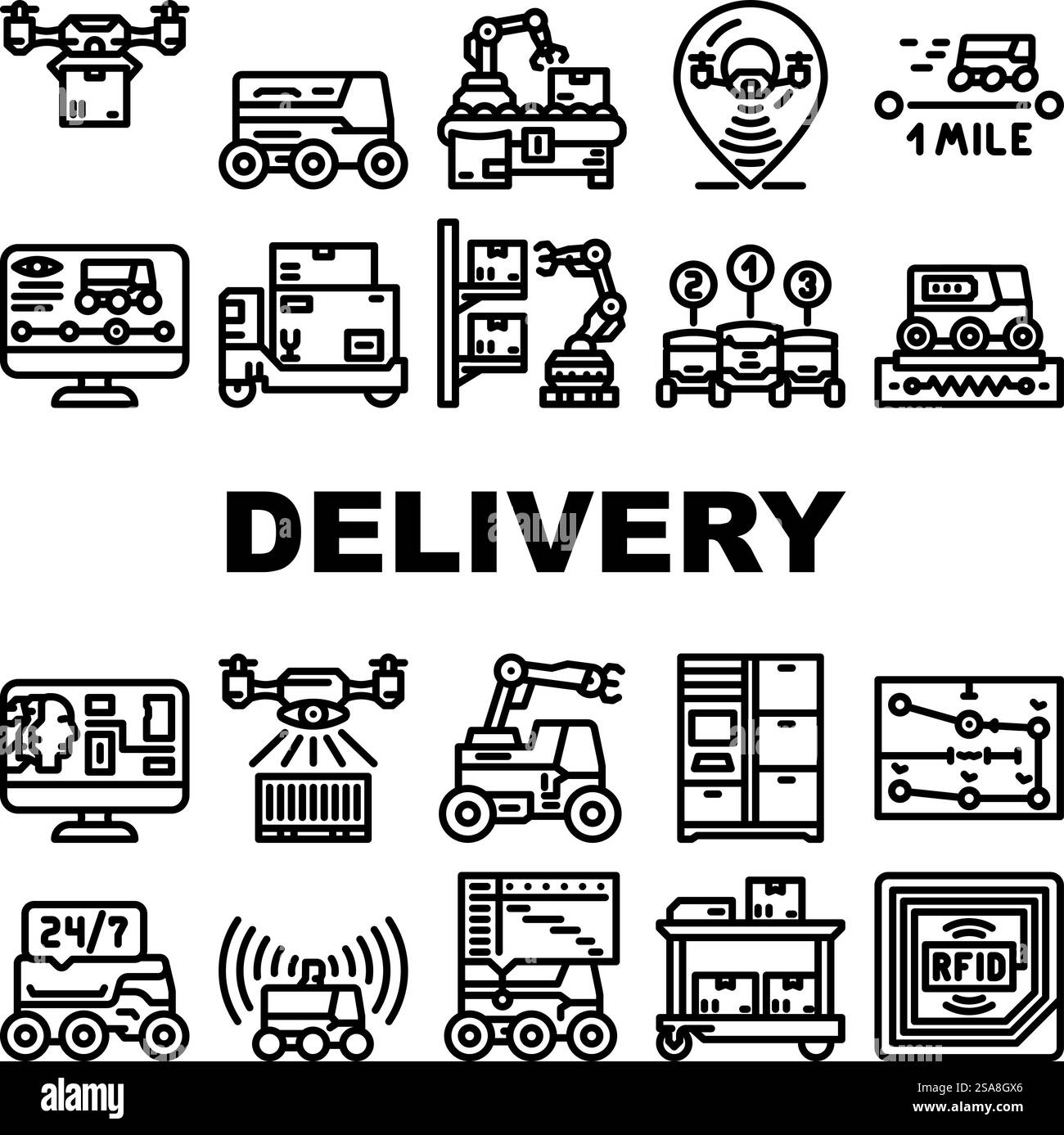 Autonomous Robot Delivery Icons Set Vector Technology Transport