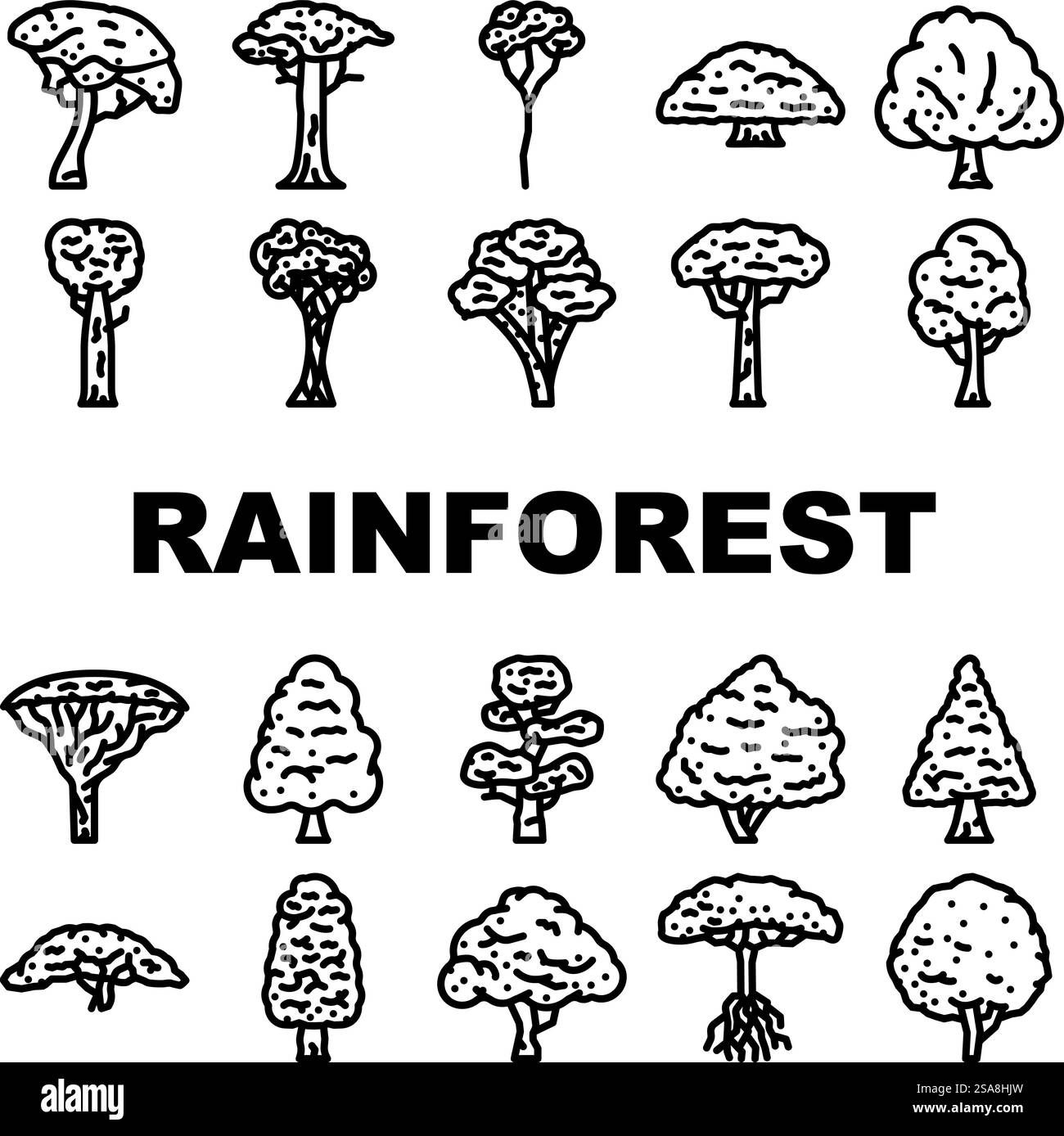 rainforest tree forest green icons set vector. nature natural, foliage ...