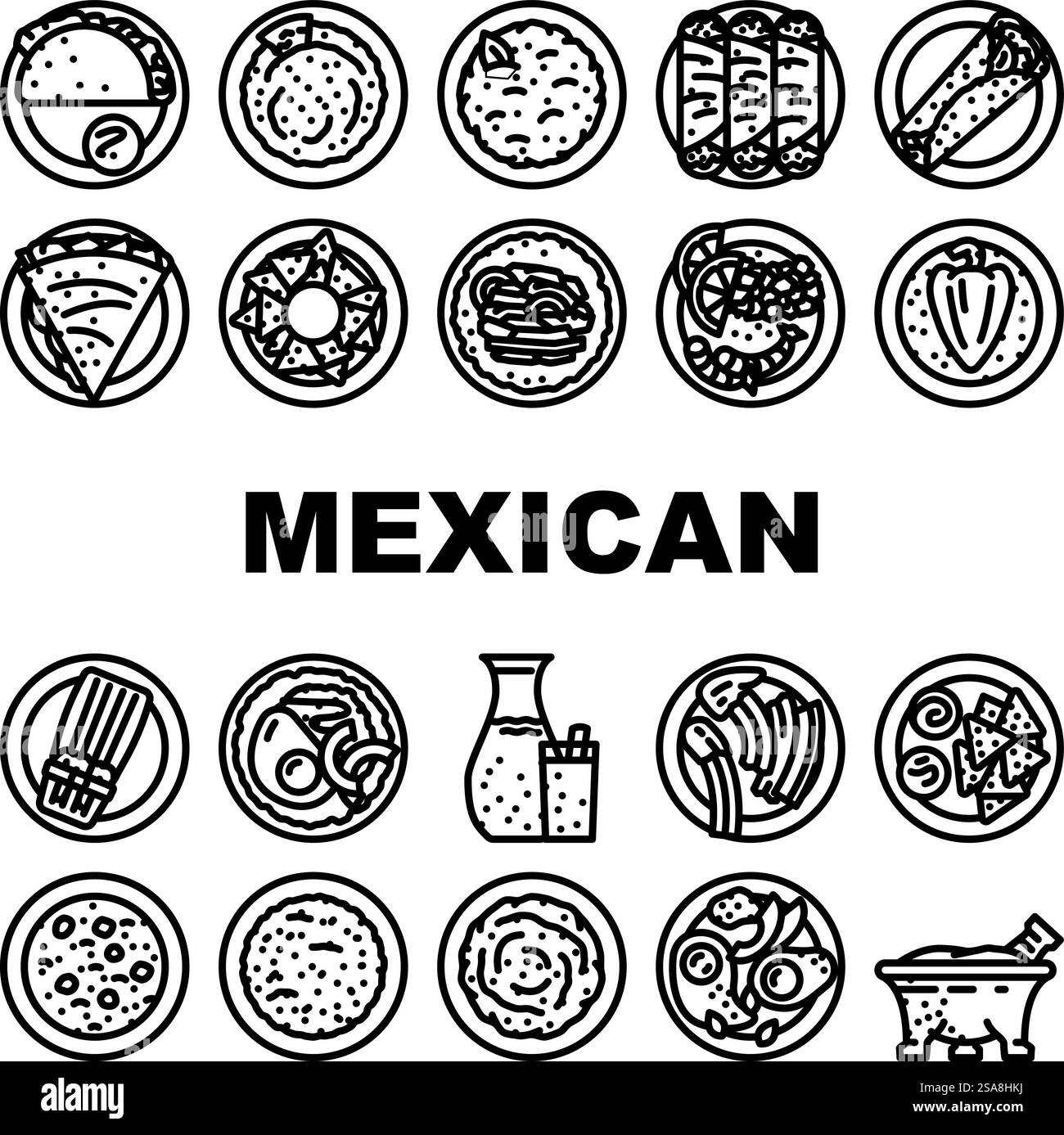 mexican cuisine dinner food icons set vector. table chili, salsa meal ...