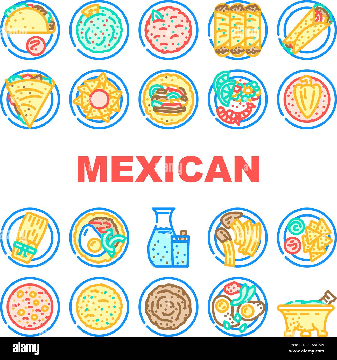 mexican cuisine dinner food icons set vector. table chili, salsa meal ...