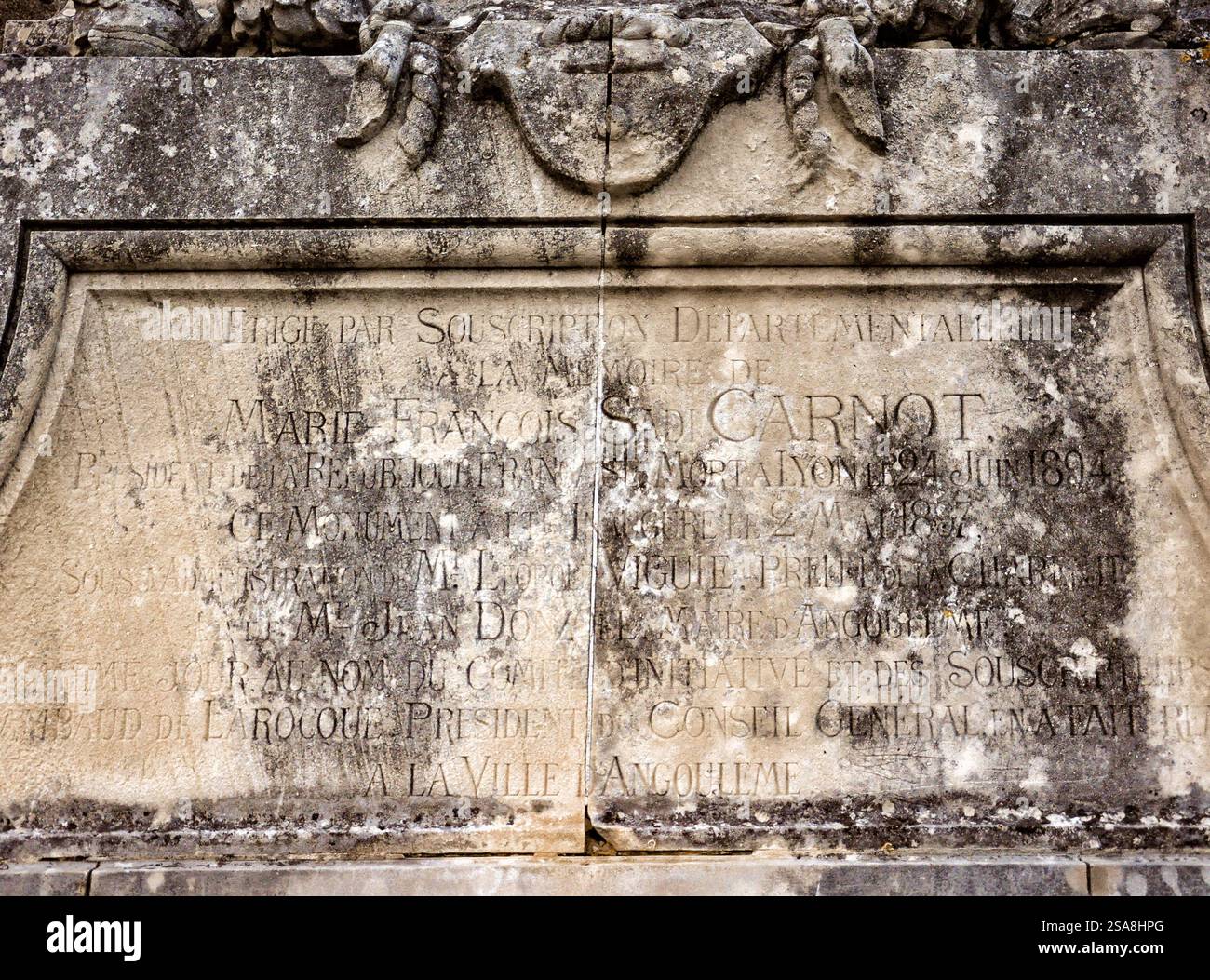 Angoulême monument plaque, honouring the legacy of Carnot, President of ...