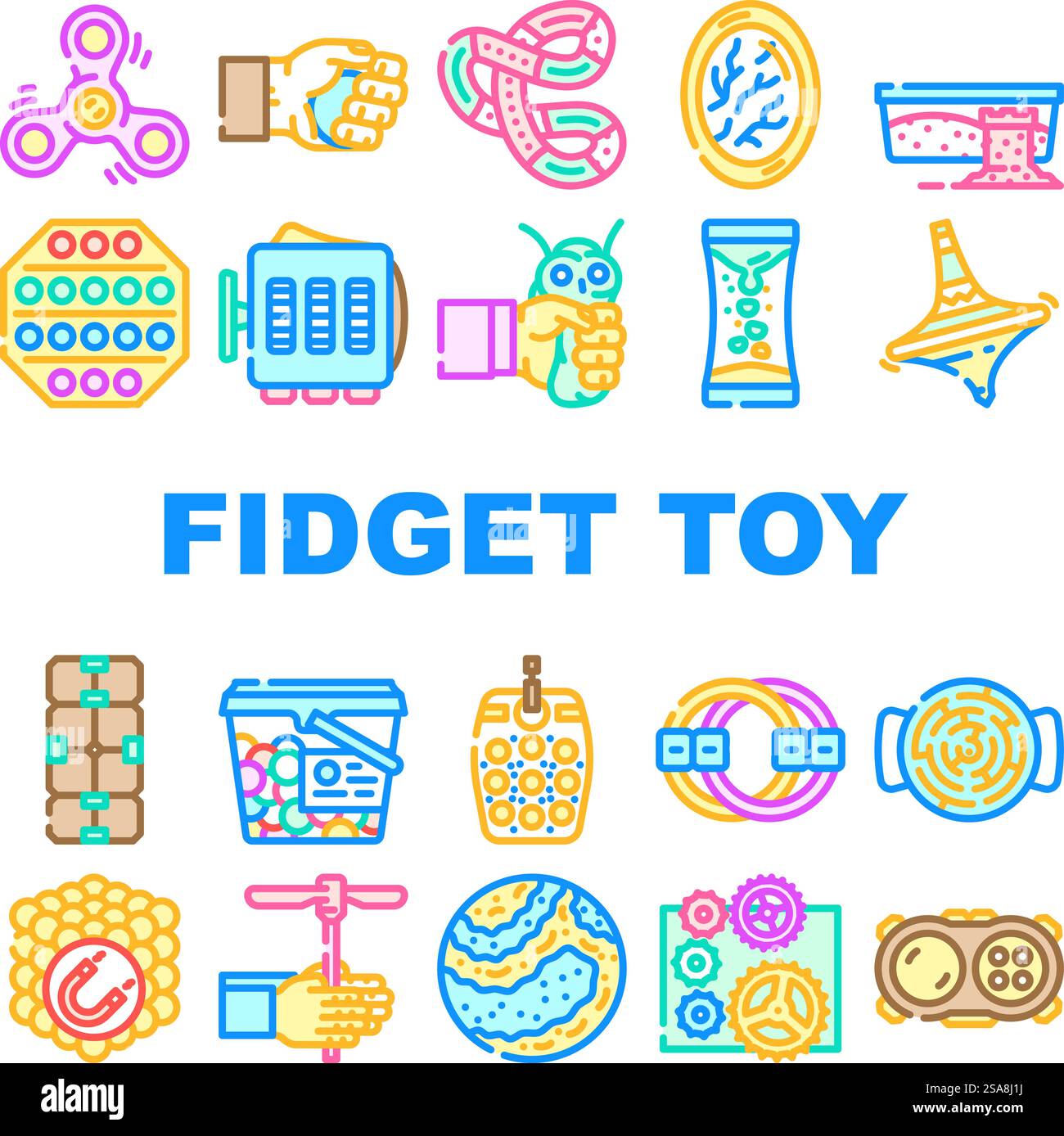 fidget toy pop fun icons set vector. silicone bubble, hand stress ...