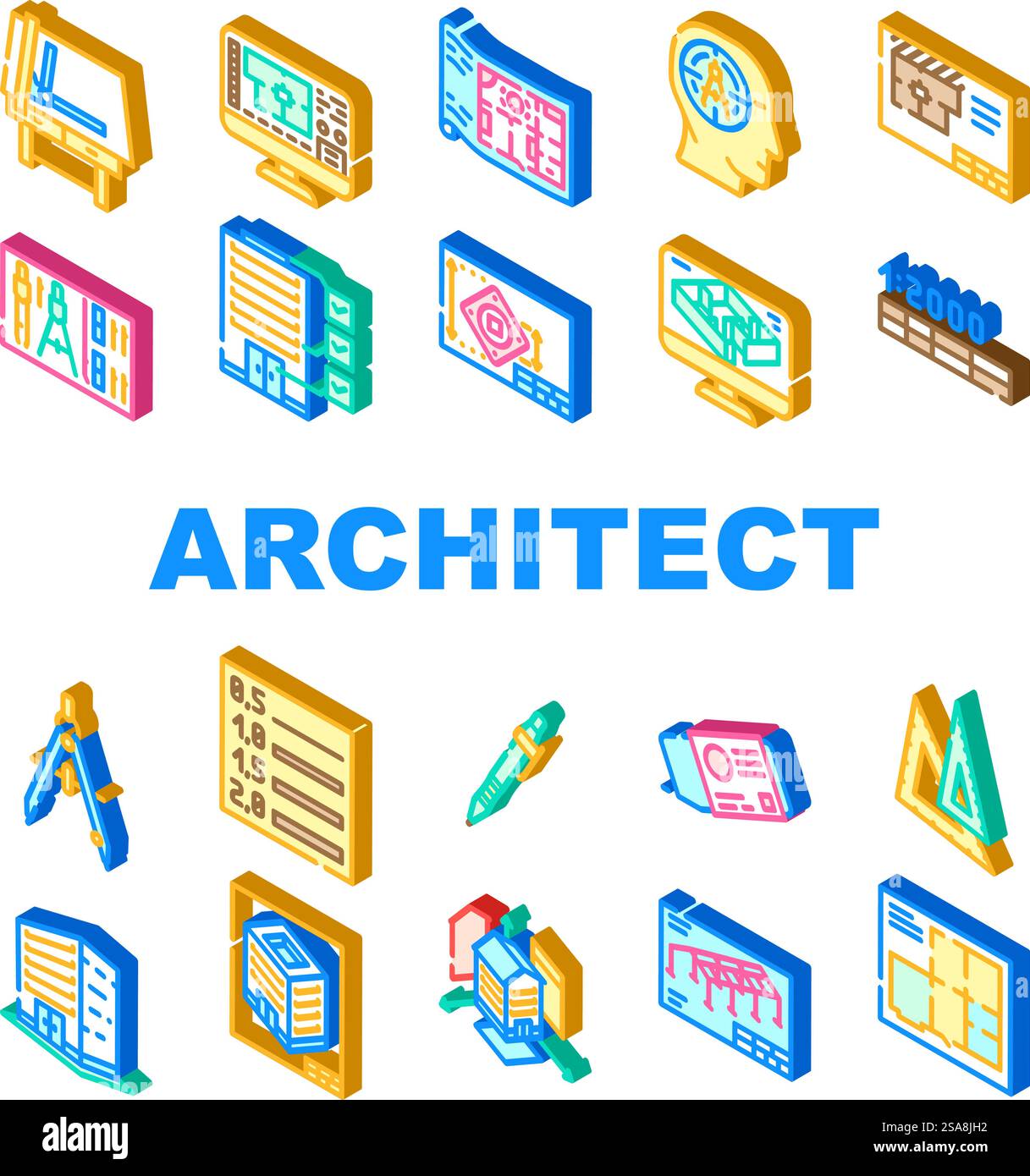 architectural drafter drawing icons set vector. house engineer, plan ...