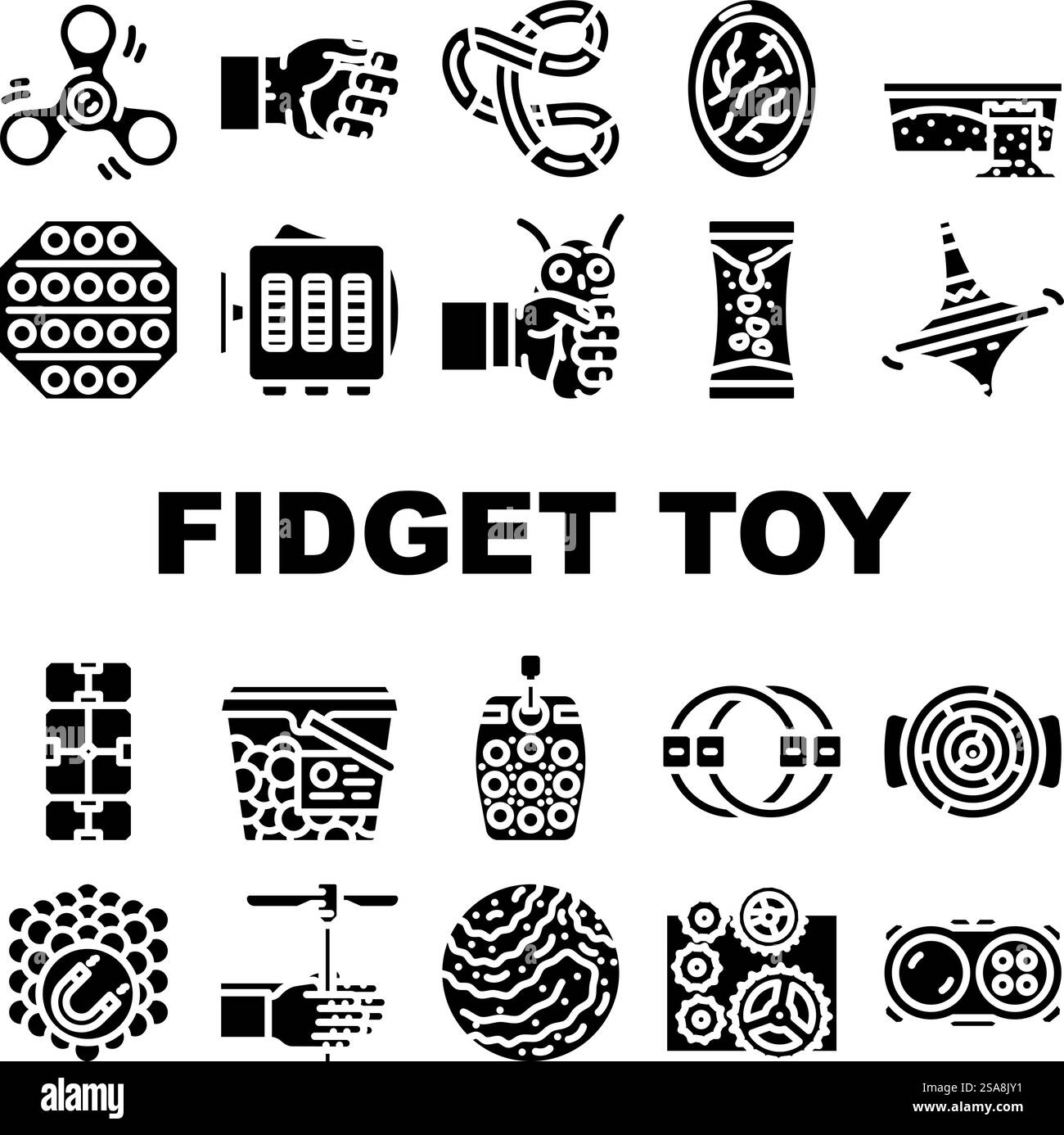 fidget toy pop fun icons set vector. silicone bubble, hand stress ...