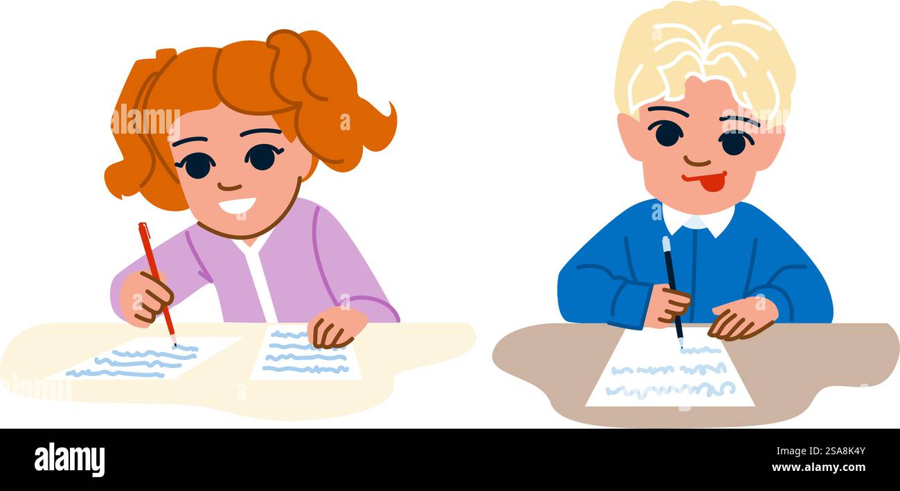 education school kids practicing handwriting vector. child pre ...