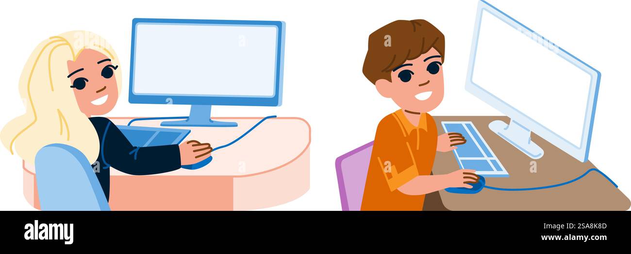technology school computer lab kid vector. boy internet, child girl ...