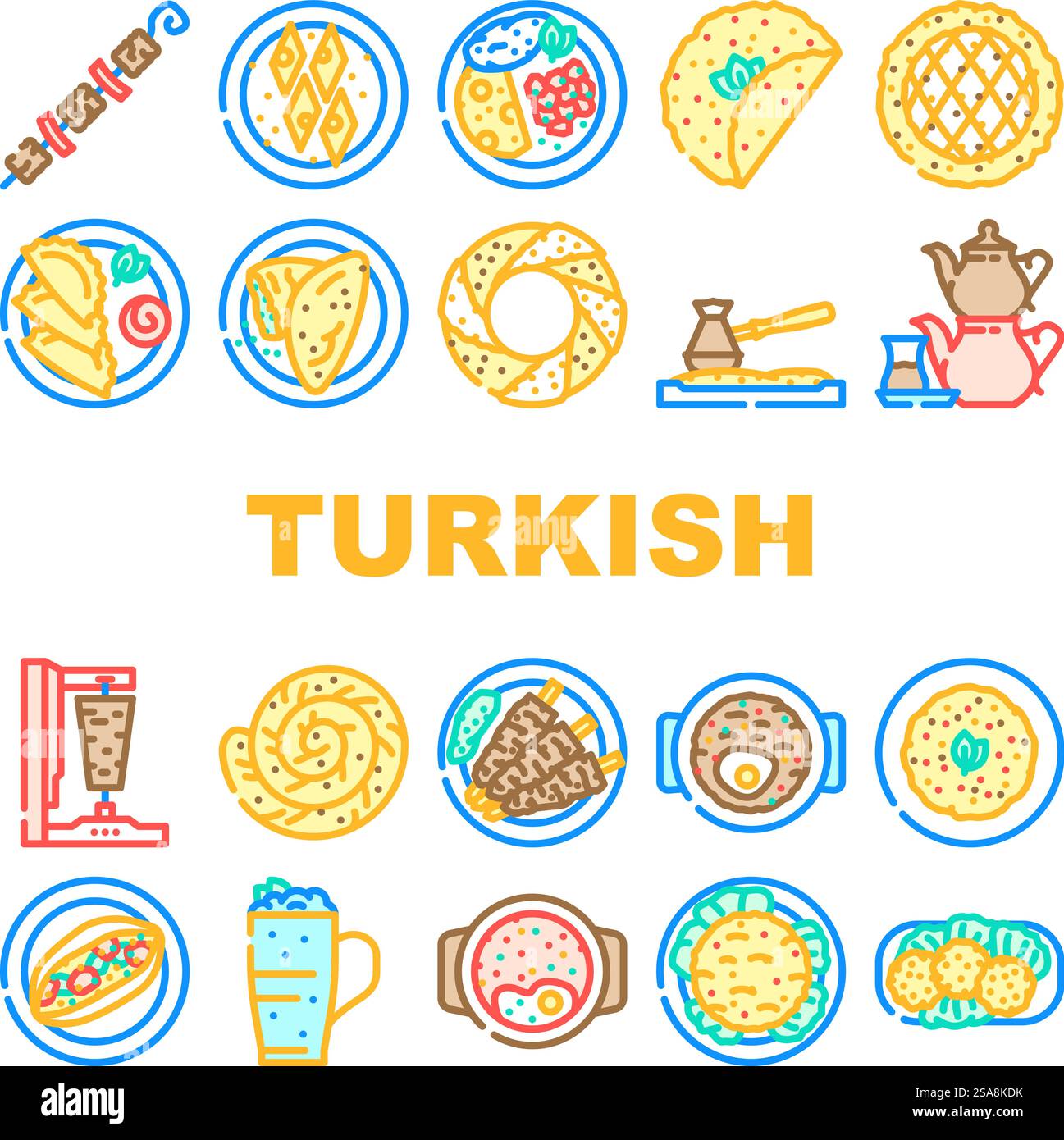 turkish cuisine food dinner icons set vector. restaurant meal ...