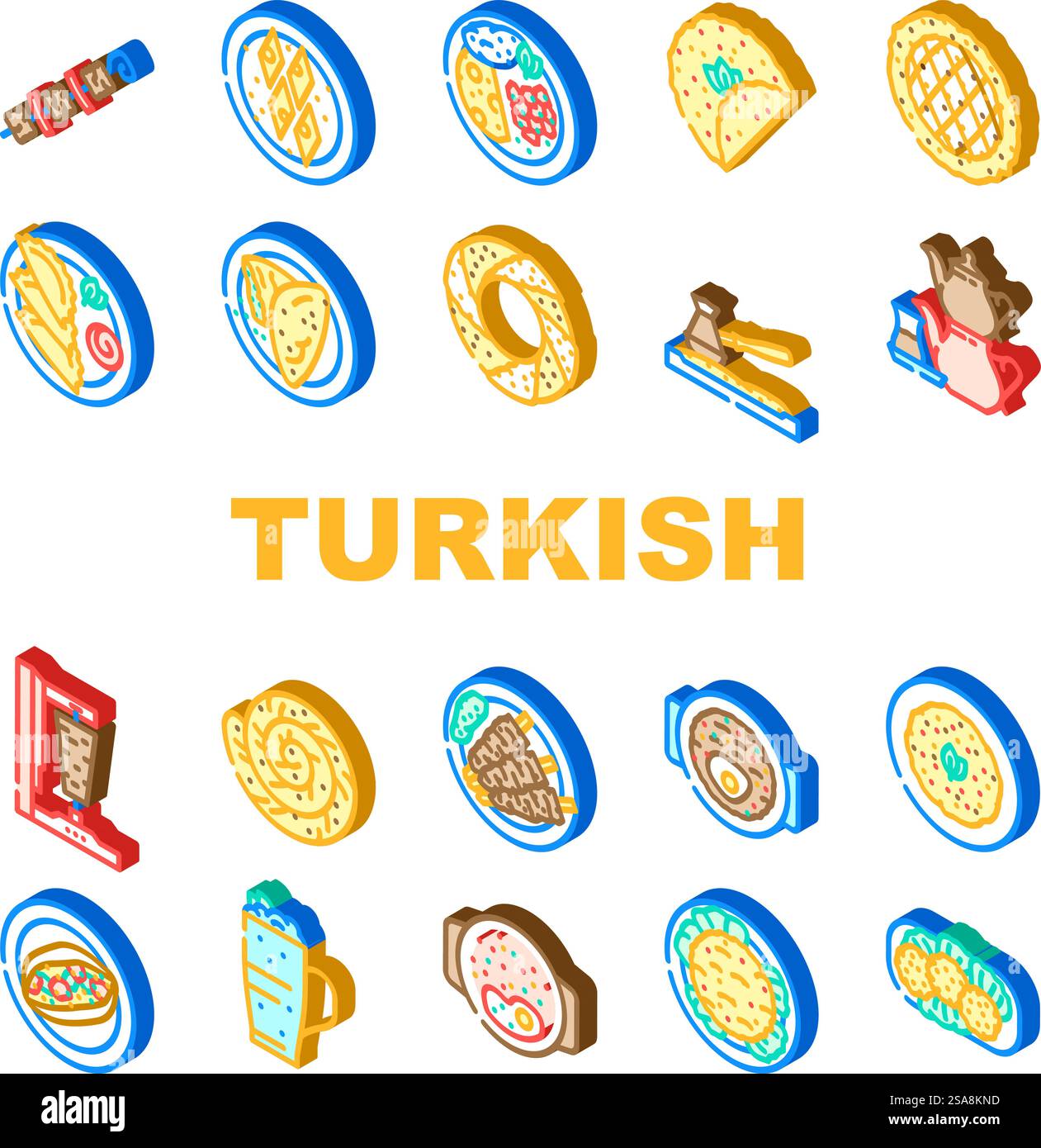 turkish cuisine food dinner icons set vector. restaurant meal ...