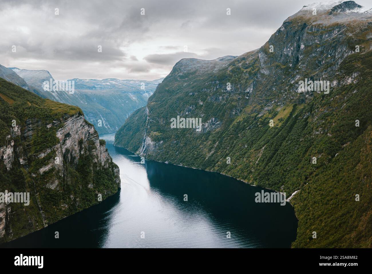 Geiranger fjord aerial view in Norway mountains and waterfall landscape ...