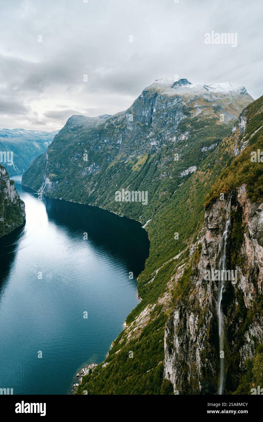 Aerial view Geiranger fjord in Norway mountains and waterfall landscape ...