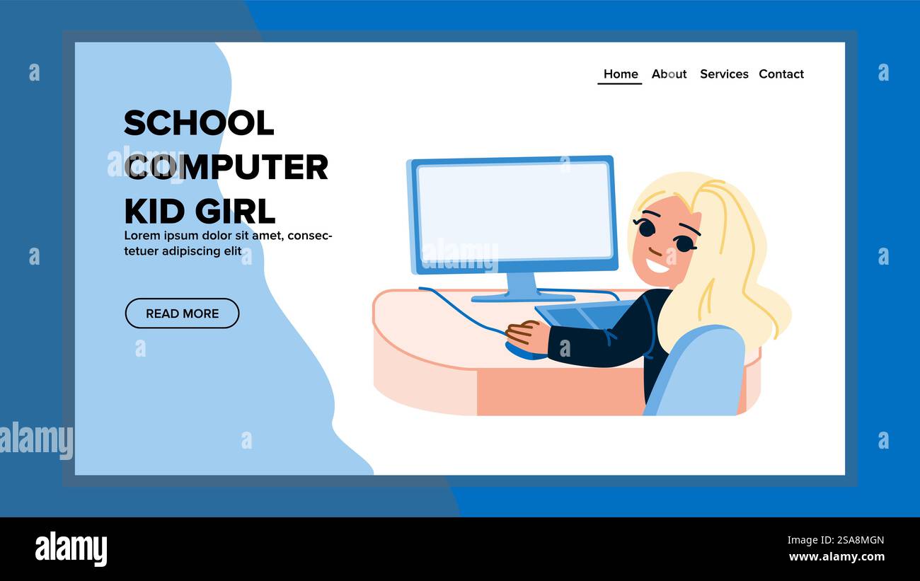 child school computer kid girl vector. education online, class study ...