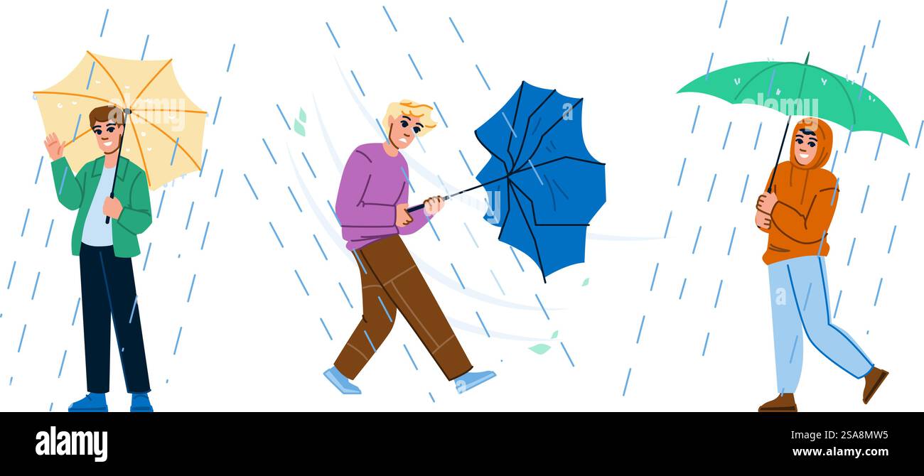 weather umbrella rain man vector. y wet, male water, autumn storm ...