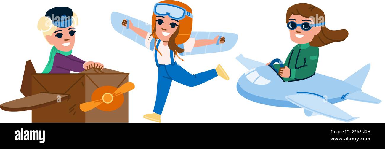 fun pilot kid girl vector. plane dream, travel adventure, success box ...
