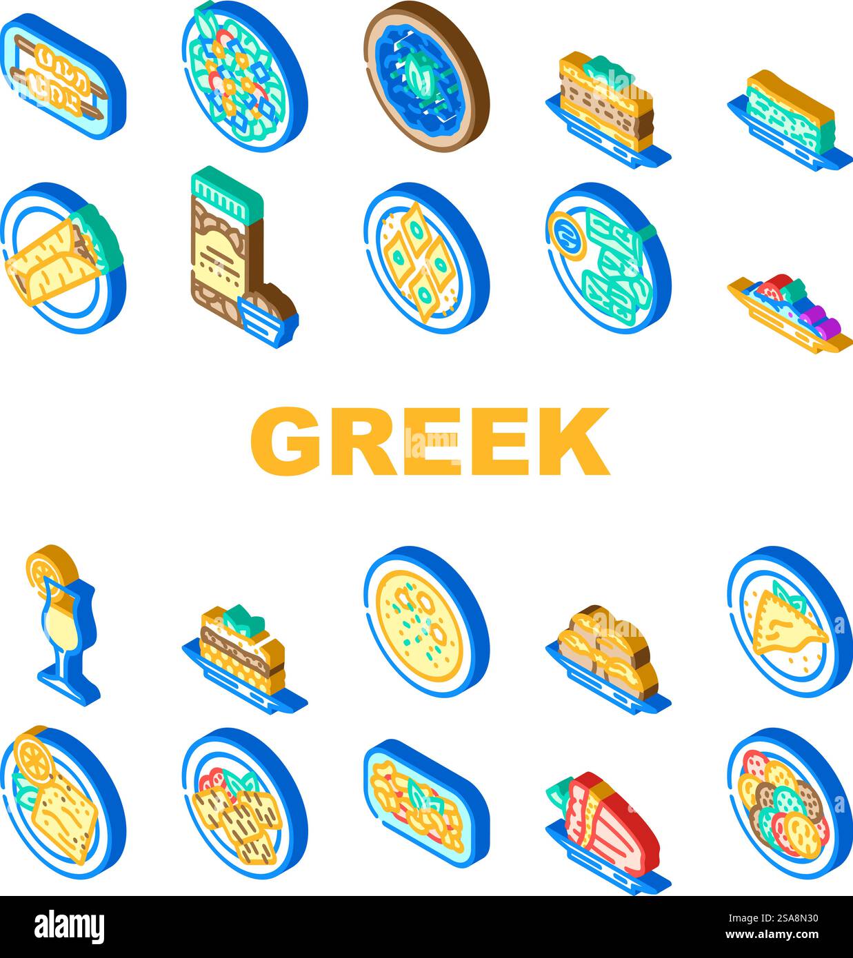 greek cuisine food salad icons set vector. greece table, mediterranean ...