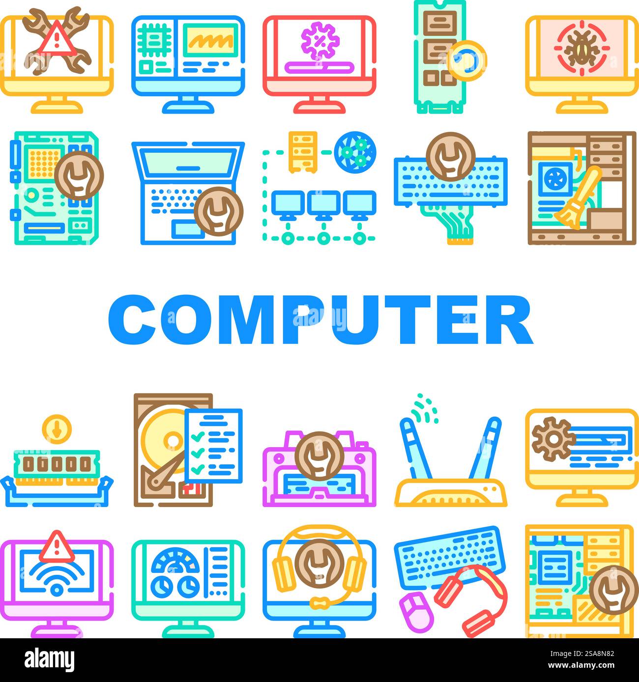 computer repair technician pc icons set vector. hardware maintenance ...