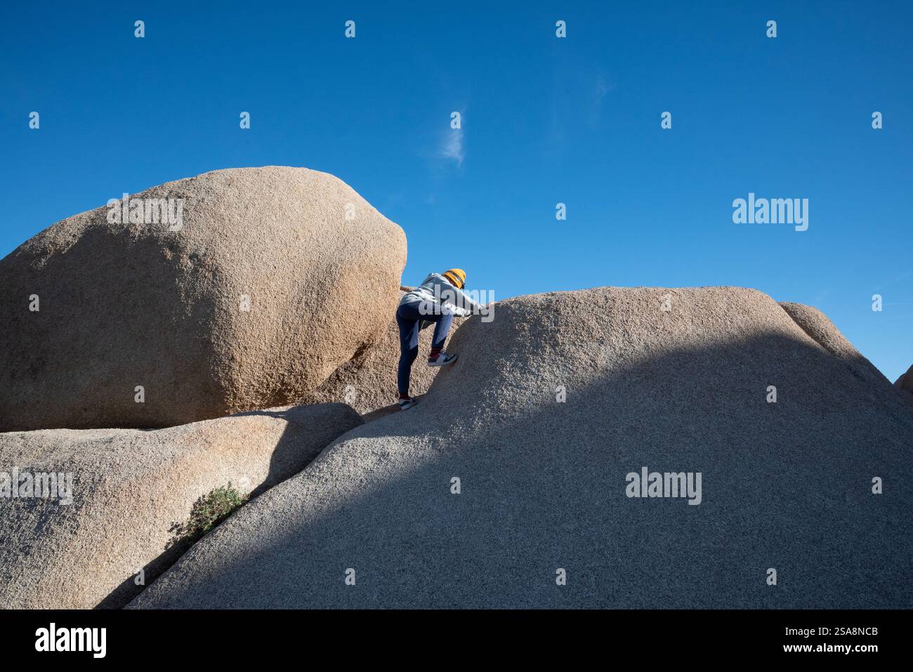 boy climbing rocks in Joshua Tree National Park Stock Photo - Alamy
