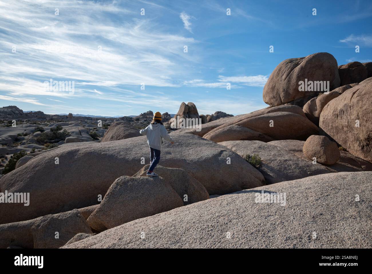 boy climbing rocks in Joshua Tree National Park Stock Photo - Alamy