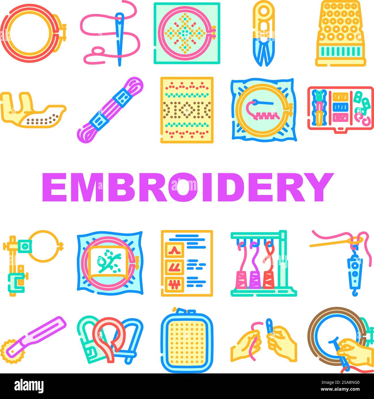 embroidery thread fabric needle icons set vector. fashion stitch, cloth ...