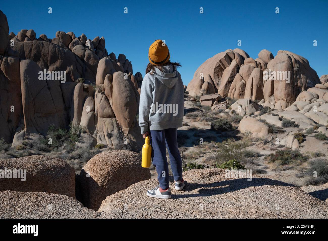 boy climbing rocks in Joshua Tree National Park Stock Photo - Alamy