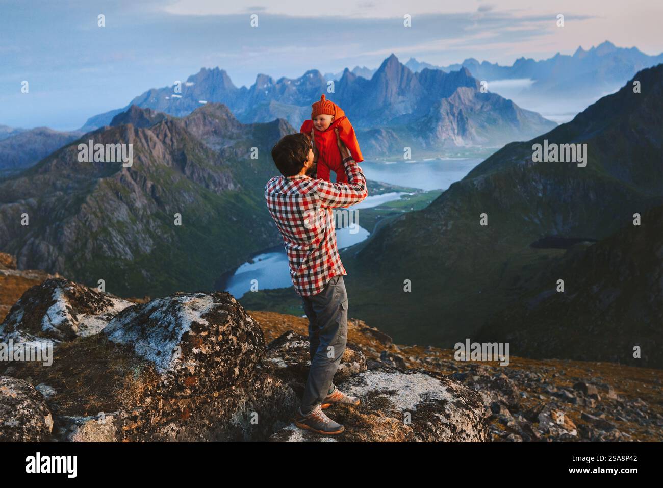 Family vacations in mountains father hiking with baby outdoor summer ...