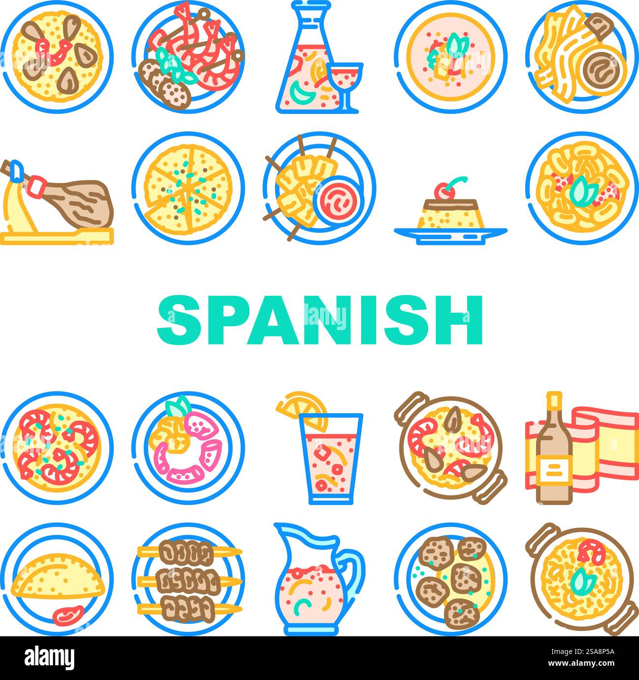 spanish cuisine food spain paella icons set vector. dish mediterranean ...
