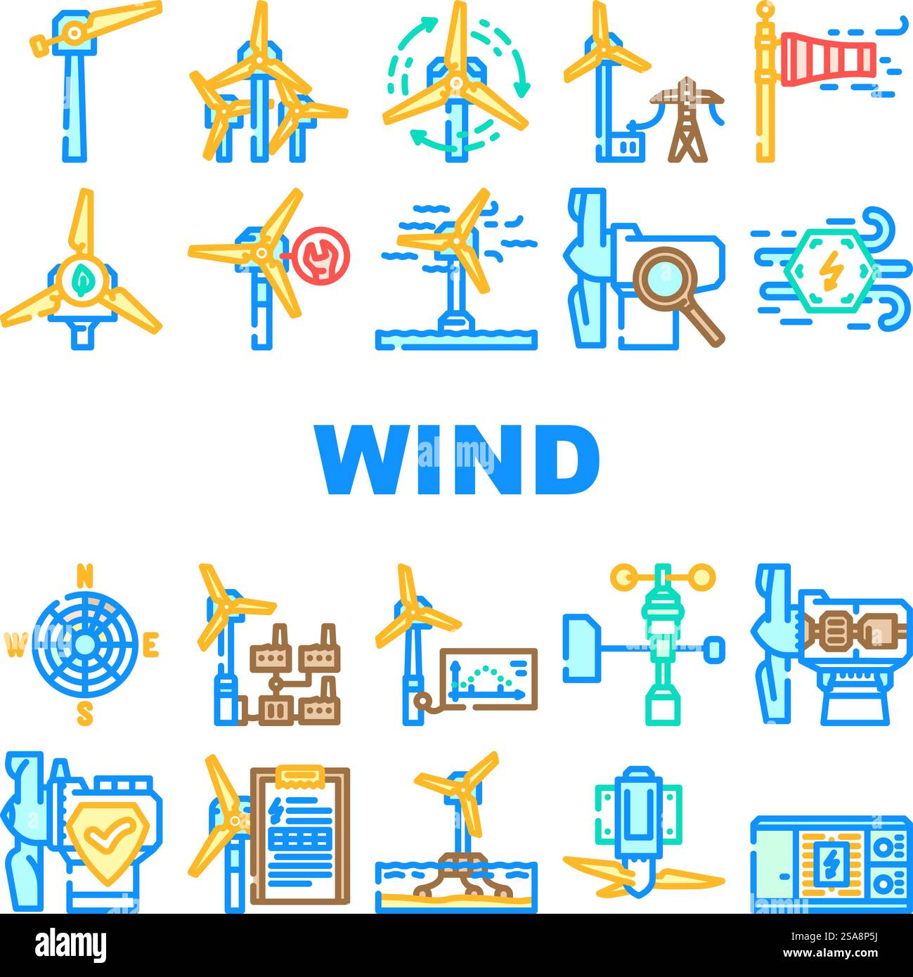 wind energy power turbine icons set vector. farm renewable, sustainable ...