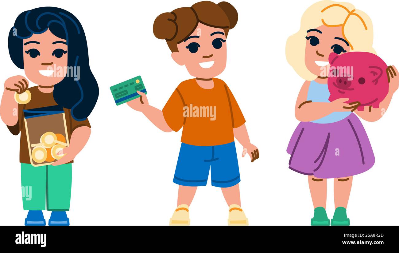 child kid money girl vector. bank save, finance happy, family education ...