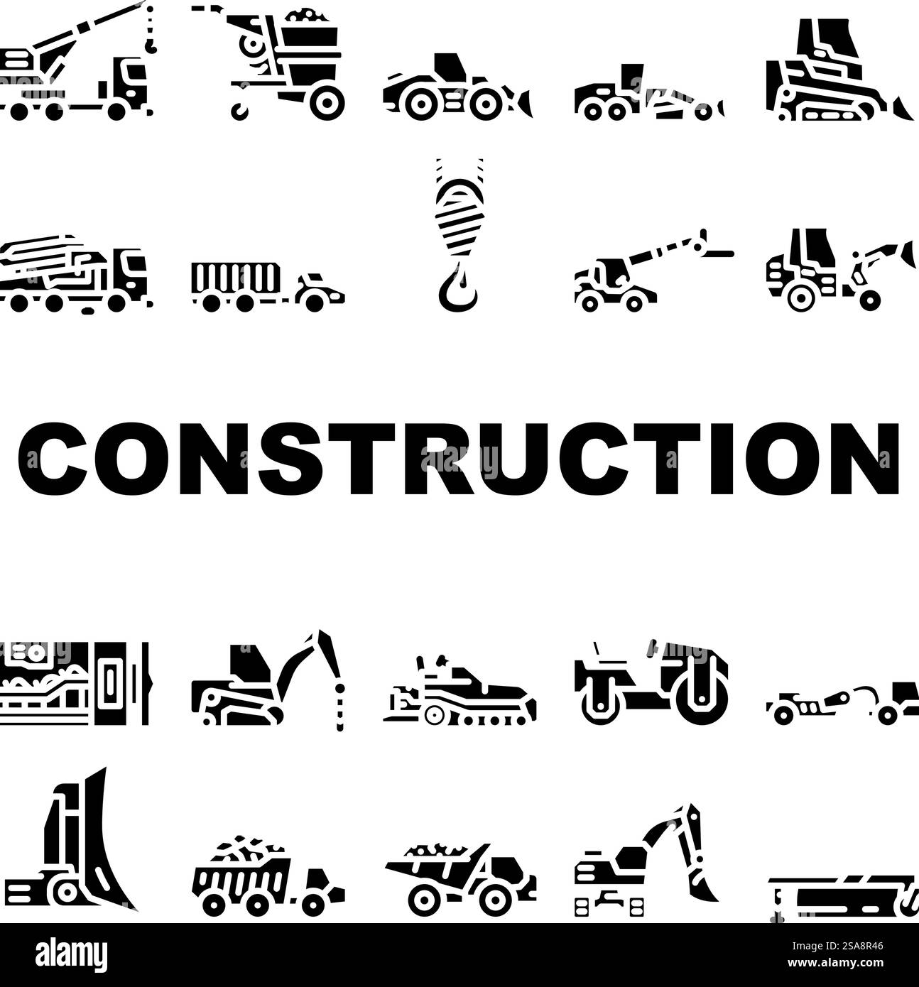 construction vehicle heavy icons set vector. excavator machinery ...