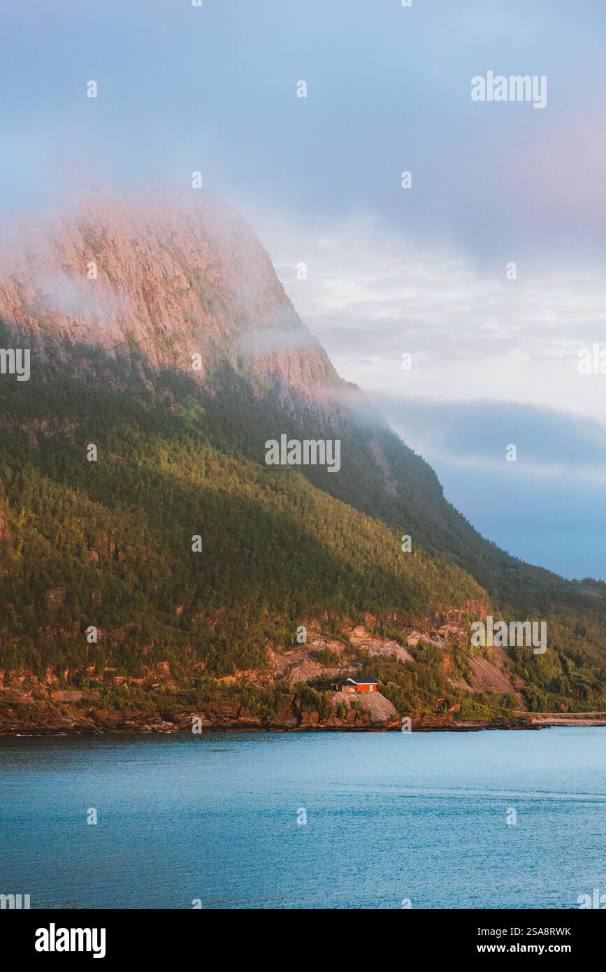 Sunset misty mountain and sea landscape in northern Norway travel ...