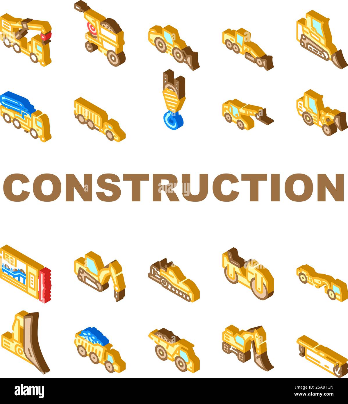 construction vehicle heavy icons set vector. excavator machinery ...