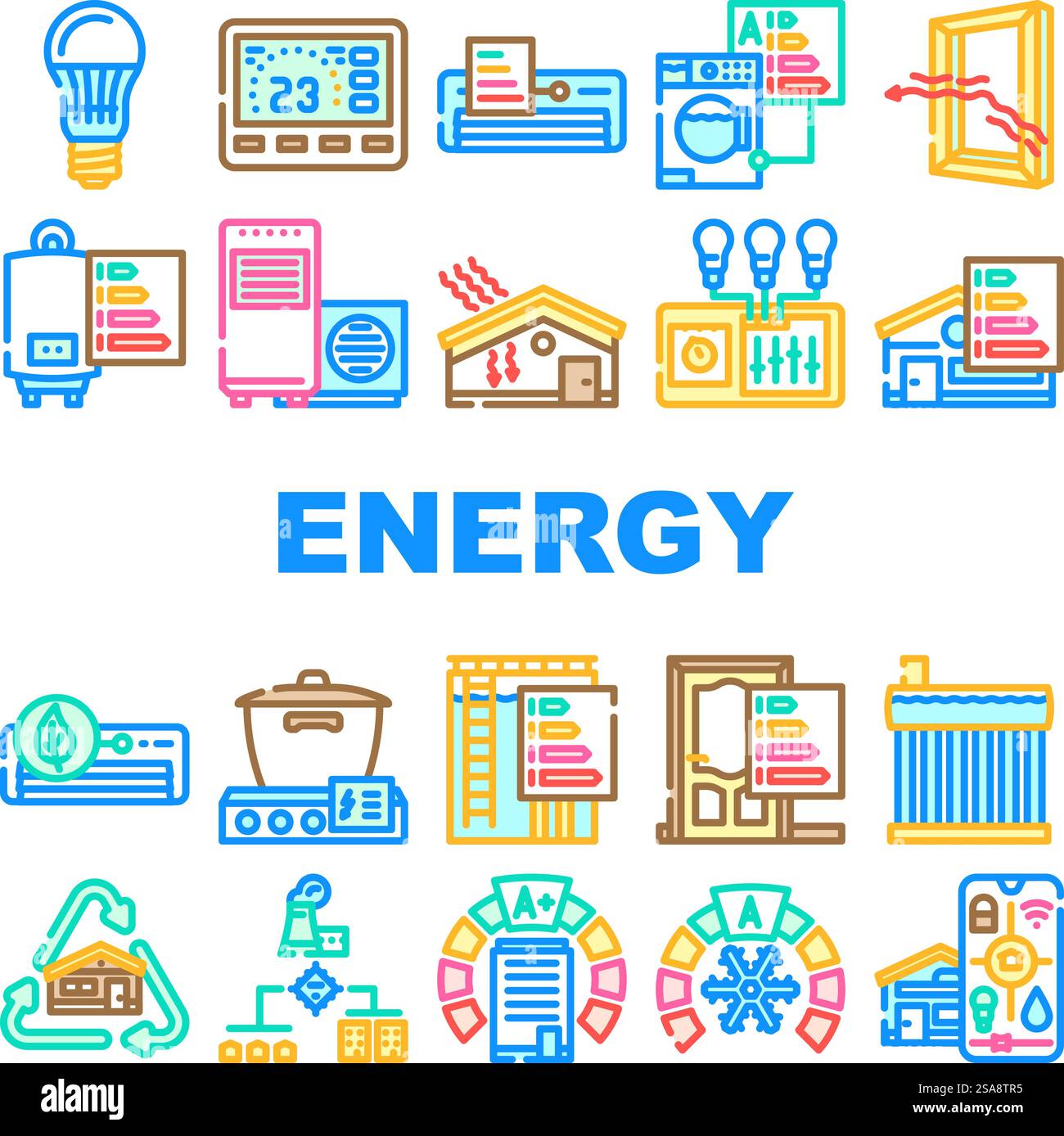 energy efficient technology home icons set vector. house building ...