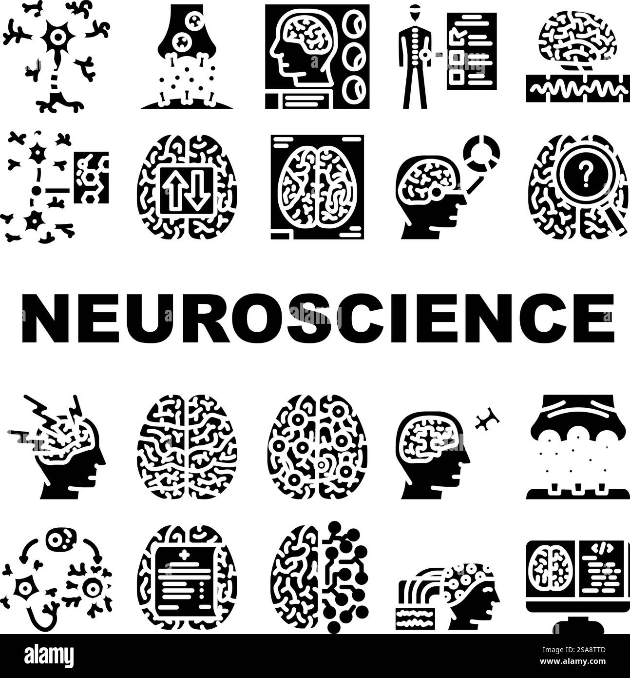neuroscience brain doctor medical icons set vector. research computer ...