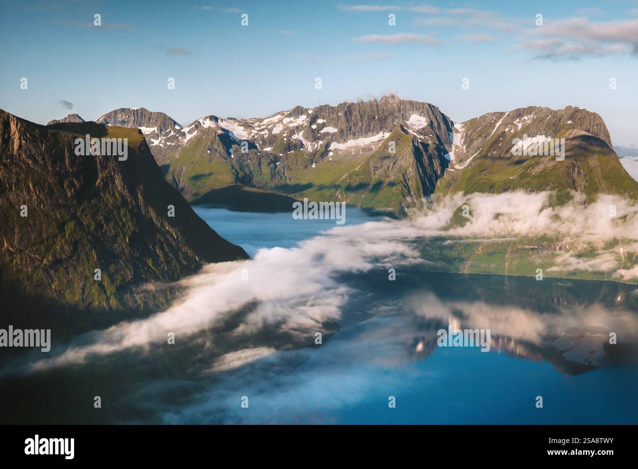 Norway landscape Hjorundfjord aerial view mountains reflection travel ...
