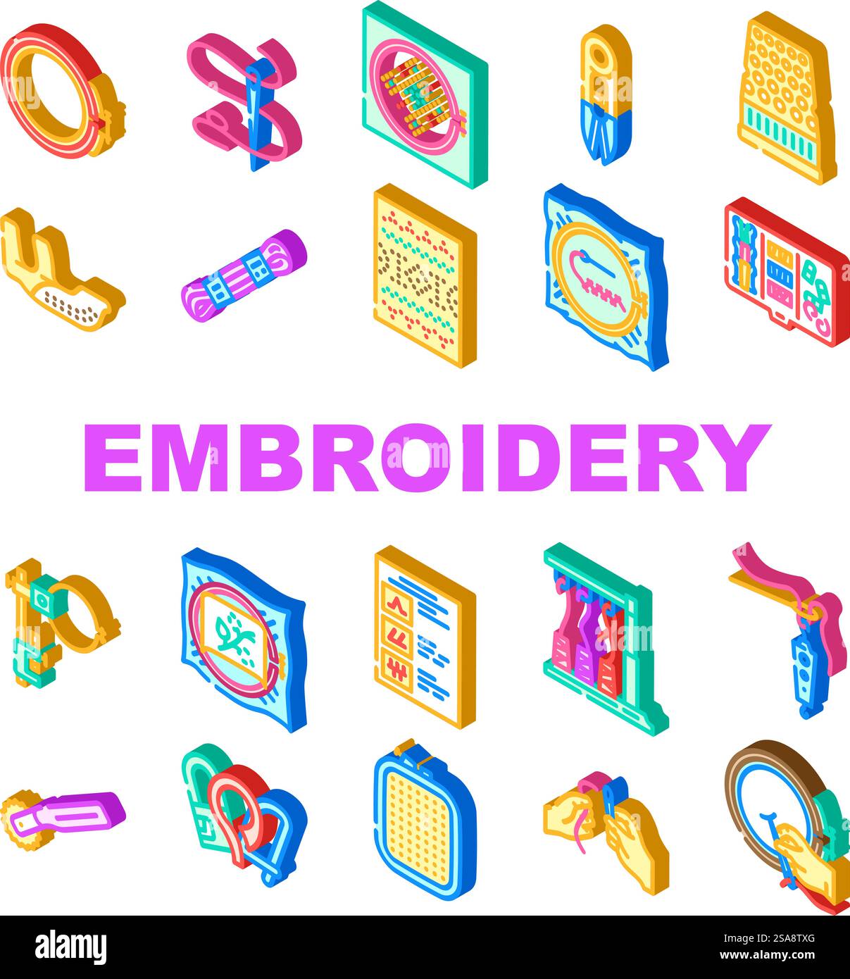 embroidery thread fabric needle icons set vector. fashion stitch, cloth ...