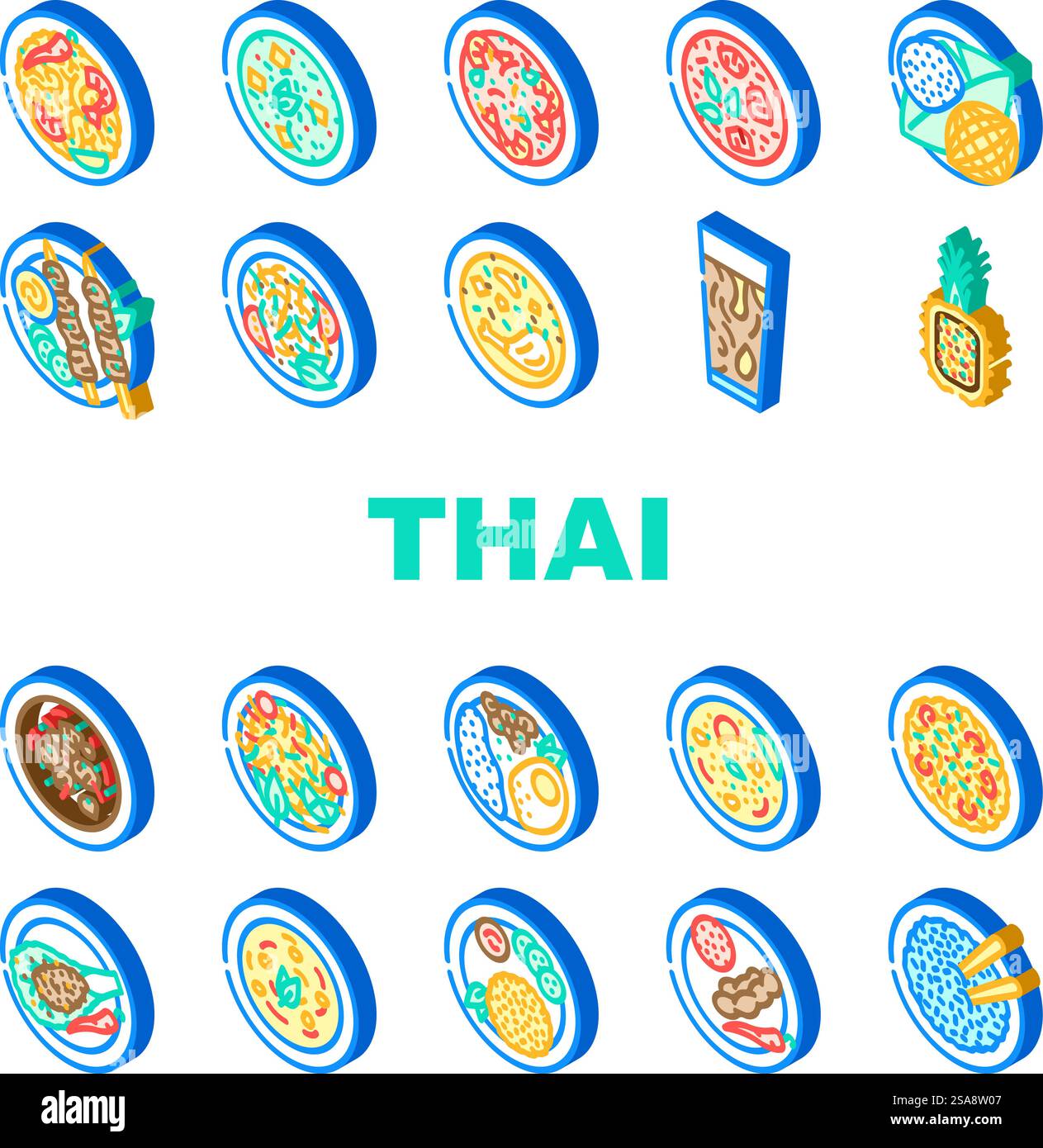 thai cuisine food asian dish icons set vector. chinese restaurant ...