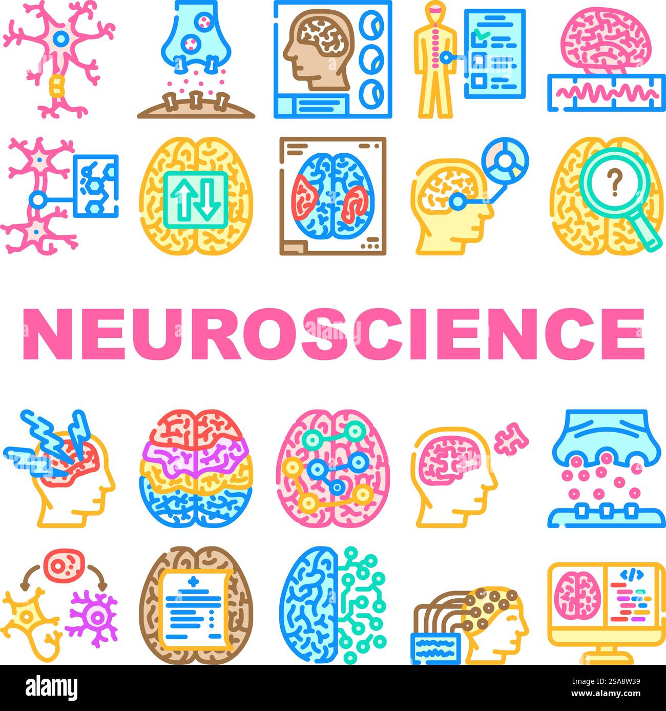 neuroscience brain doctor medical icons set vector. research computer ...