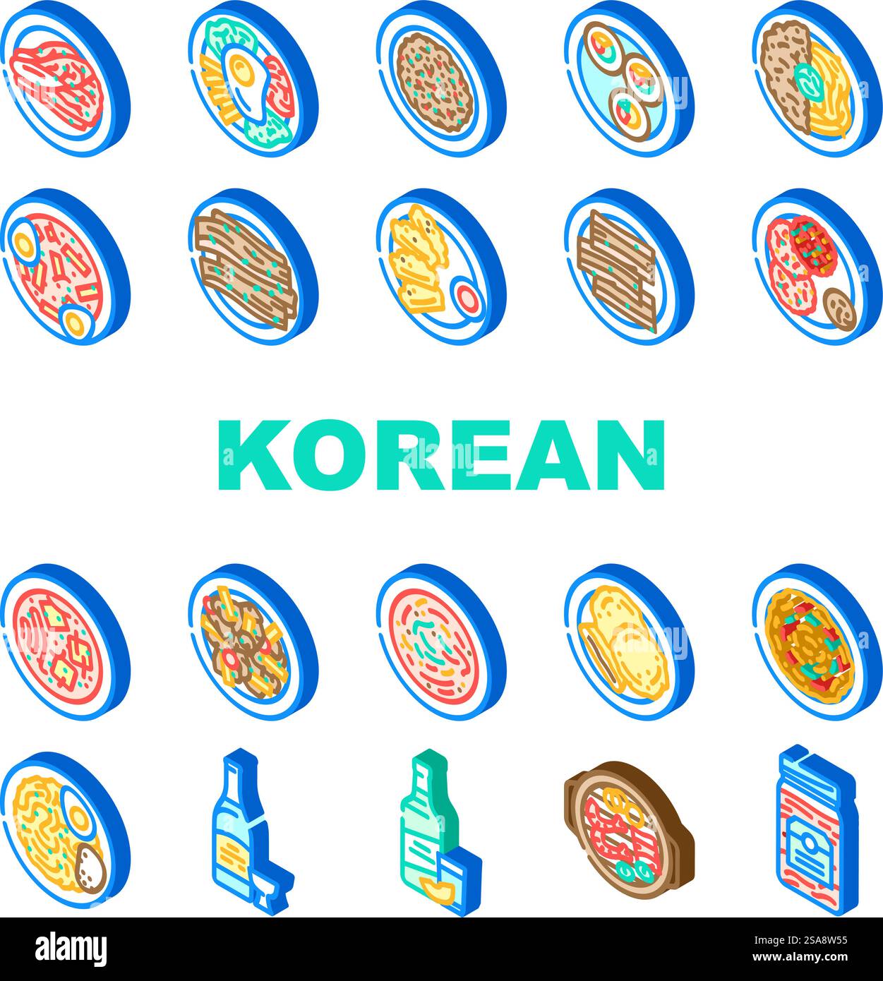 korean cuisine food meal icons set vector. kimchi soup, bibimbap sauce ...
