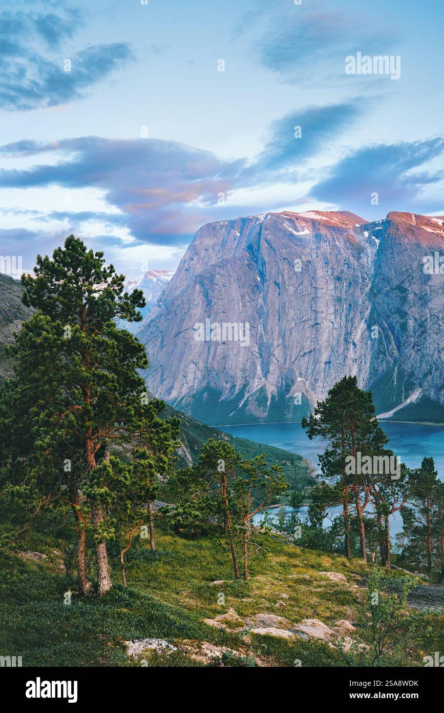 Sunset landscape in Norway fjord and mountains with coniferous forest ...
