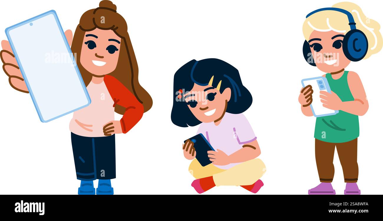 phone smartphone kid girl vector. child mobile, children happy, screen ...