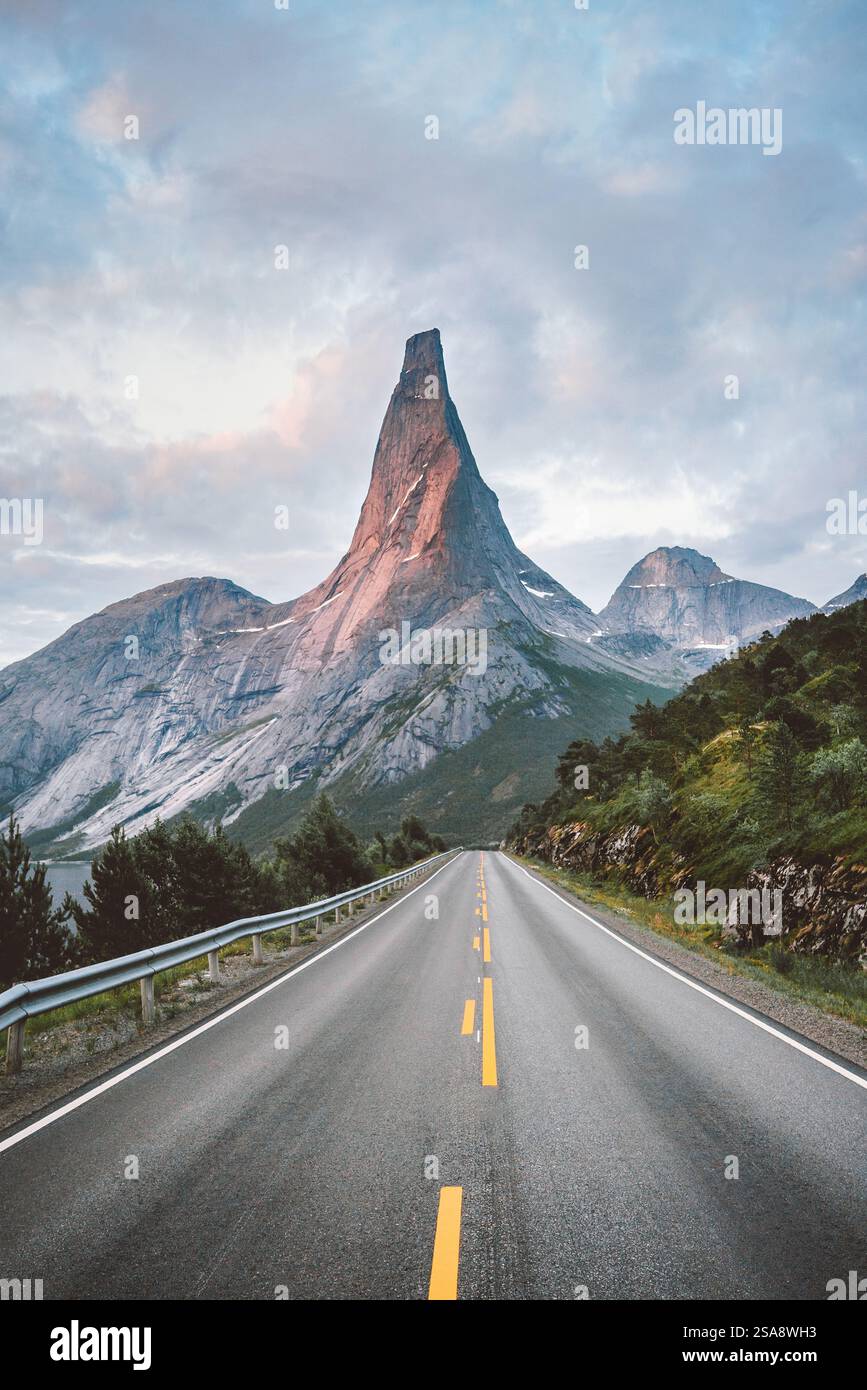 Road to Stetind national mountain in Norway sunset rocky peak epic view ...