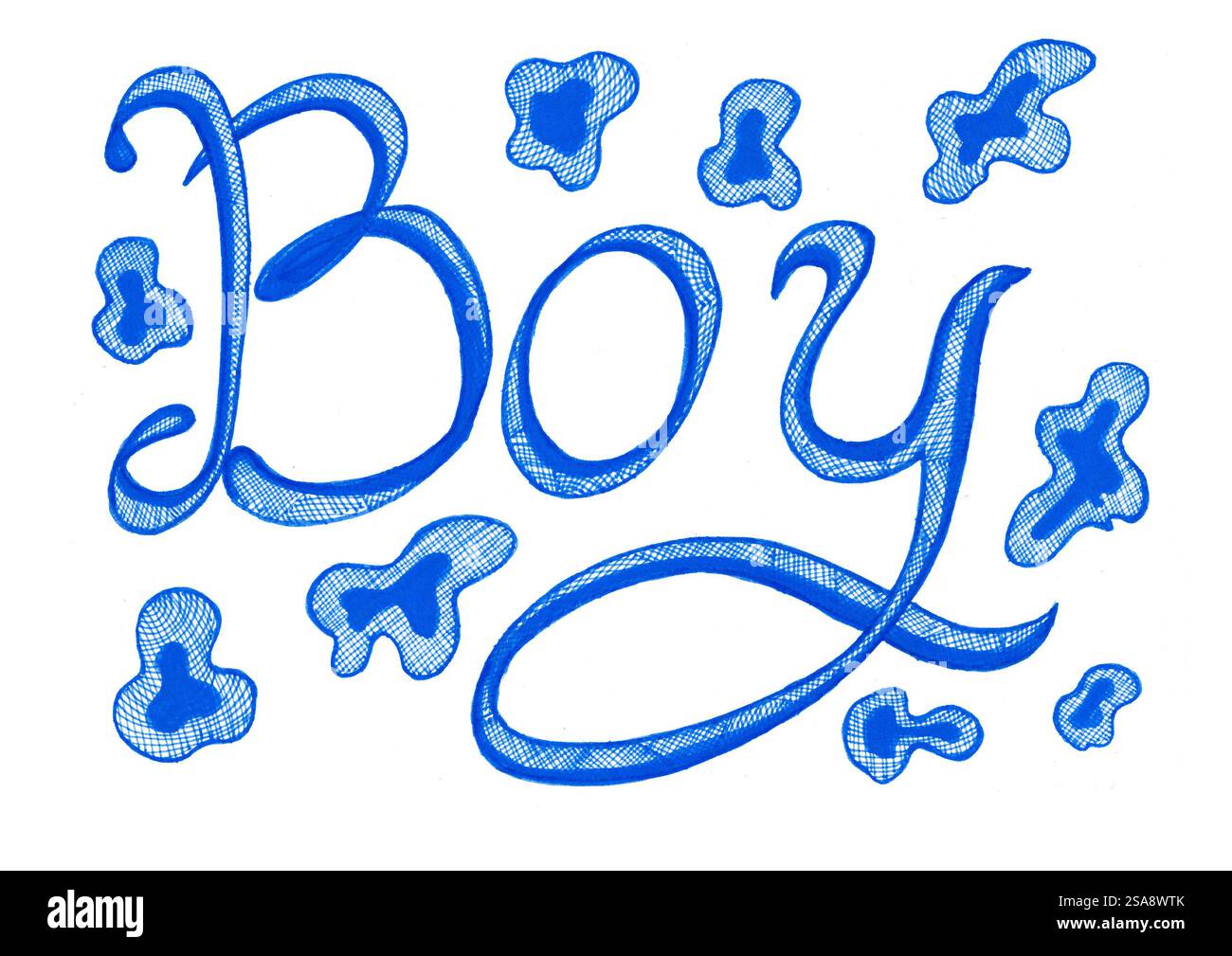 Lettering Boy in blue on a white background. There are blue decorative ...