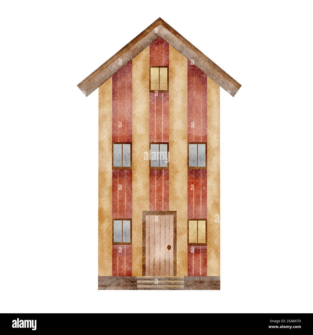 Watercolor illustration Scandinavian house with red, beige stripes ...