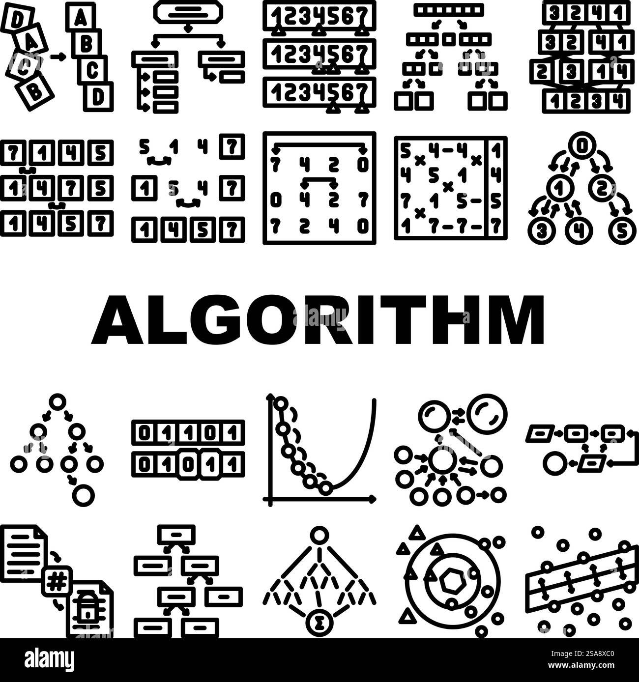sorting algorithm data filter icons set vector. flow sort, big stroke, database editable ...