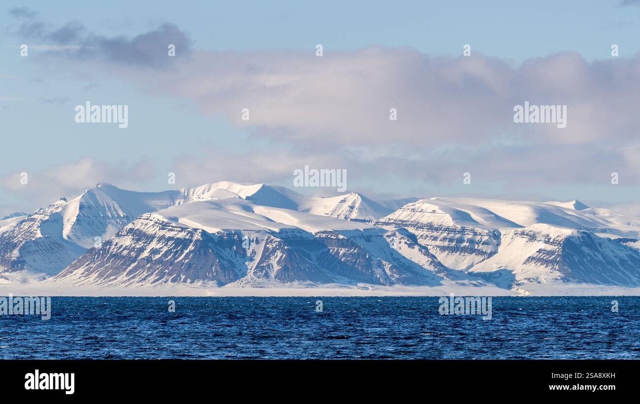 View of the Isfjorden fjord and mountains from Longyearbyen, the most ...
