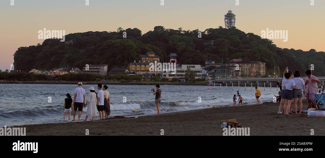 View of part of Katase Higashihama beach and Enoshima island, with a ...
