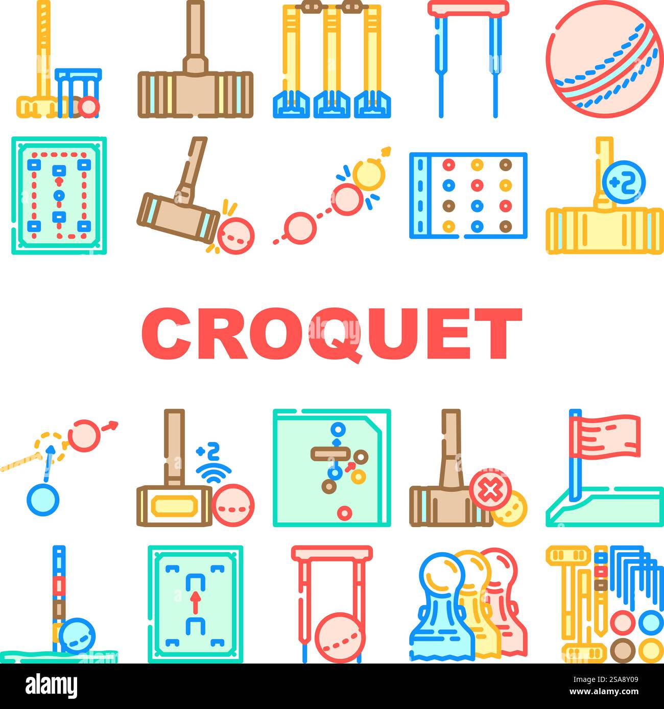 croquet mallet lawn icons set vector. sport champion ball, wooden stick ...