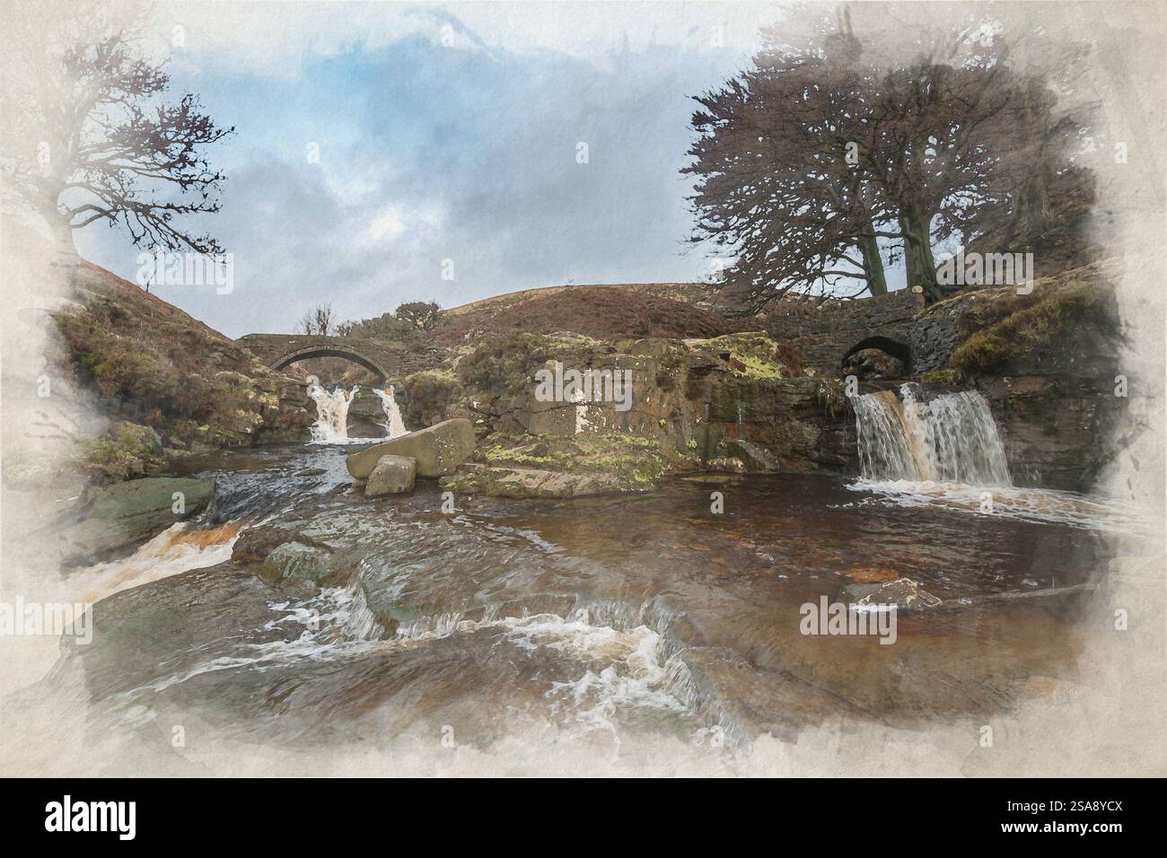 A winter watercolour digital painting of Three Shire Heads in the Peak ...