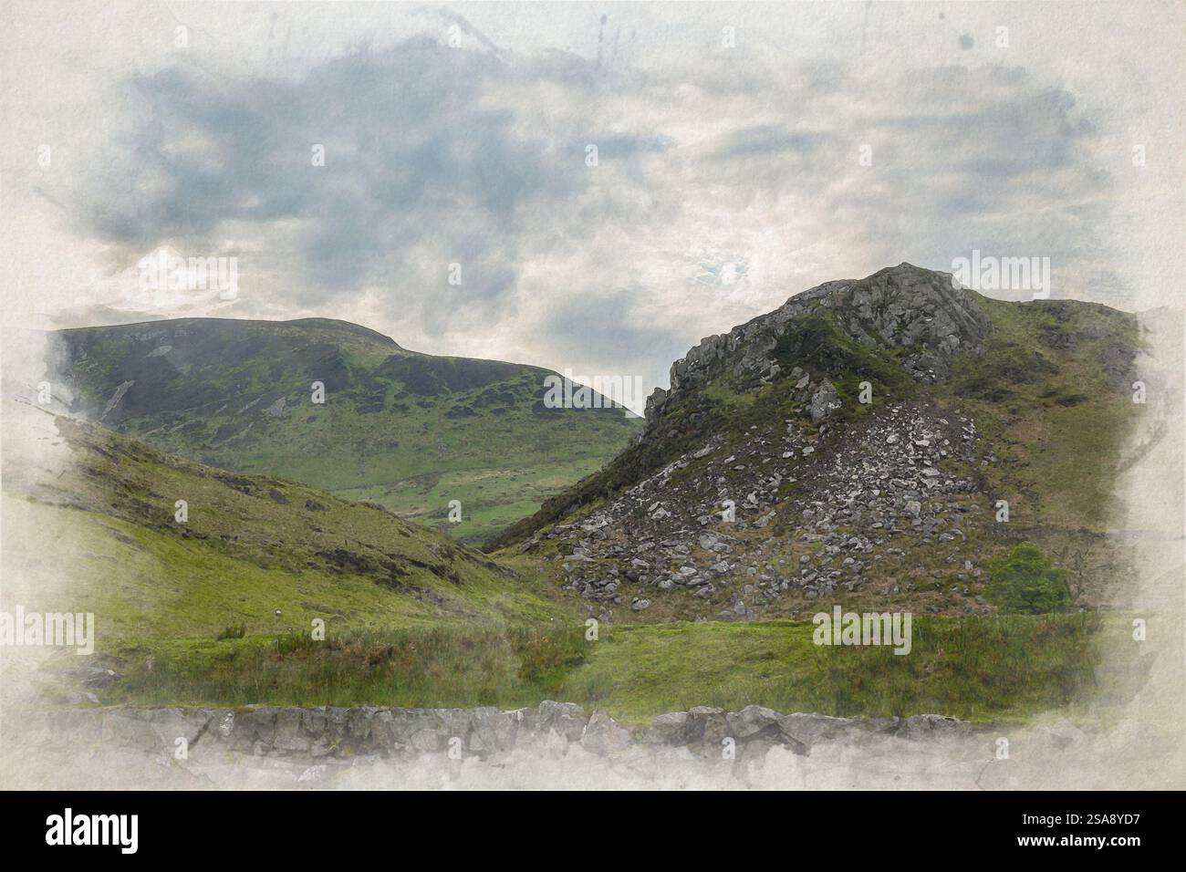 Digital watercolour painting of Llyn y Dywarchen and Clogwyngarreg as ...