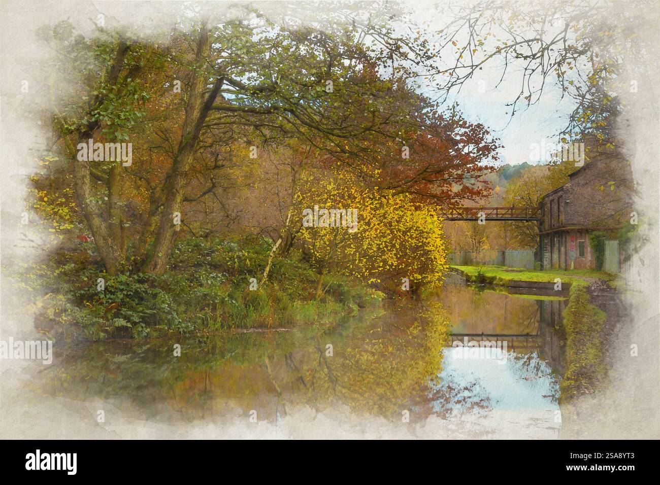 Rural digital watercolour painting of industrial heritage remains along ...